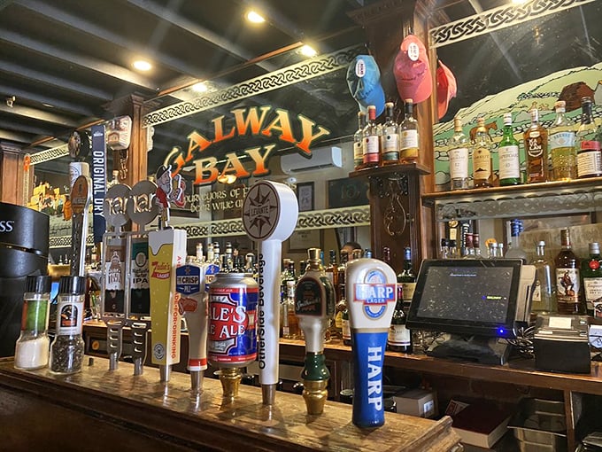 The bar's tap lineup stands ready like Celtic warriors, each handle promising liquid happiness from across the pond.