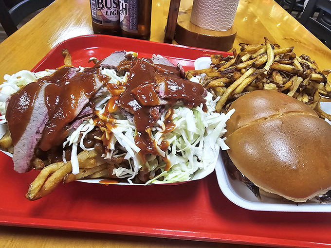 A tray that answers the eternal question: "Why choose between brisket, fries, and slaw when you can have it all?"