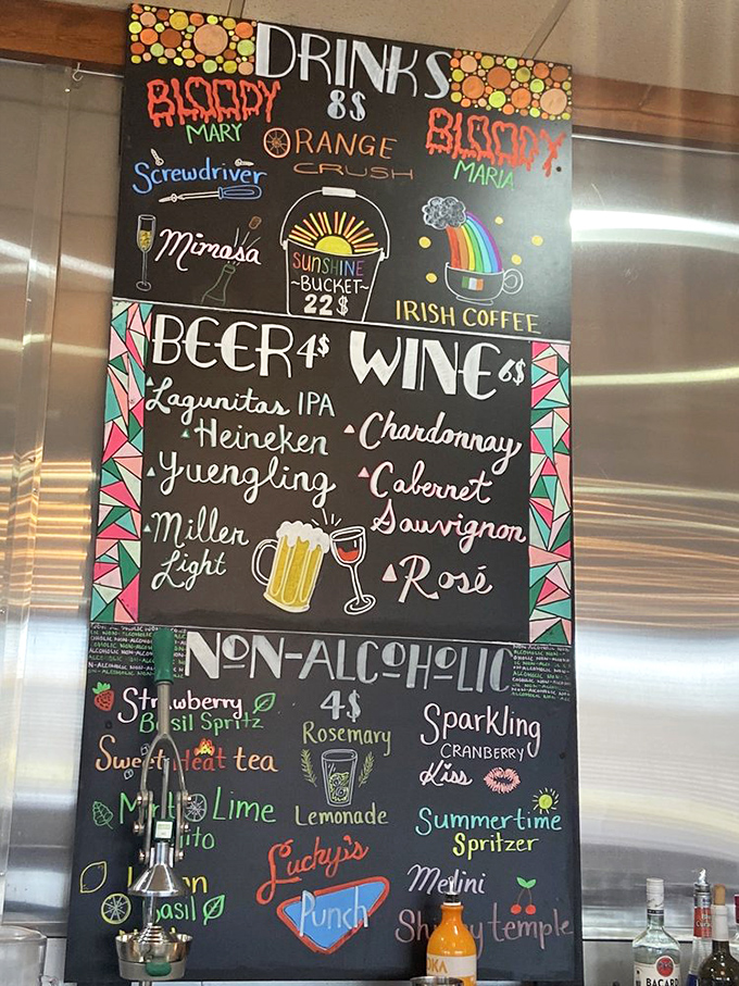 The drink menu proves Lucky's isn't just a breakfast joint. That "Sunshine Bucket" sounds like exactly what Monday mornings were missing.