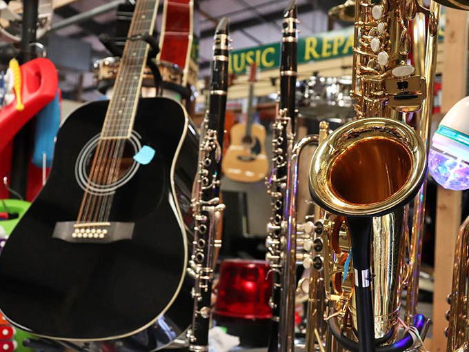 The music section &ndash; where saxophones gleam with promise and guitars wait patiently for the next person who'll give them a voice and a home.