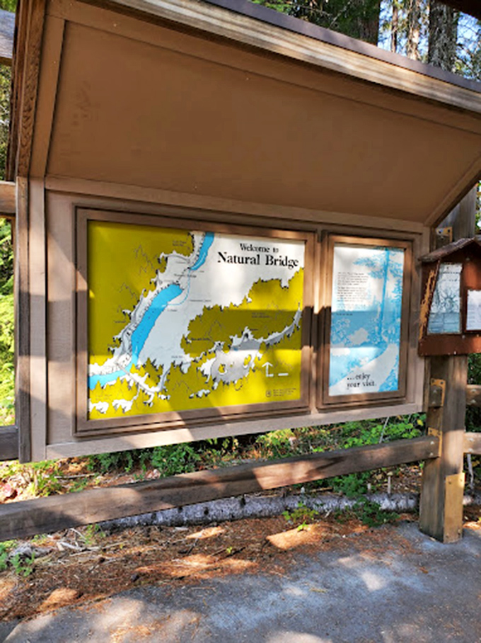 The Natural Bridge information board&mdash;where "you are here" actually means "you are incredibly lucky to be here."