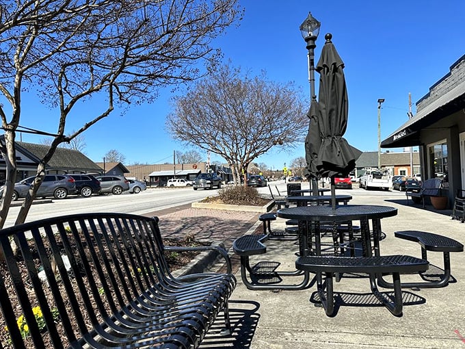 The outdoor seating area offers a peaceful spot to digest both your meal and the slower pace of Tucker life.