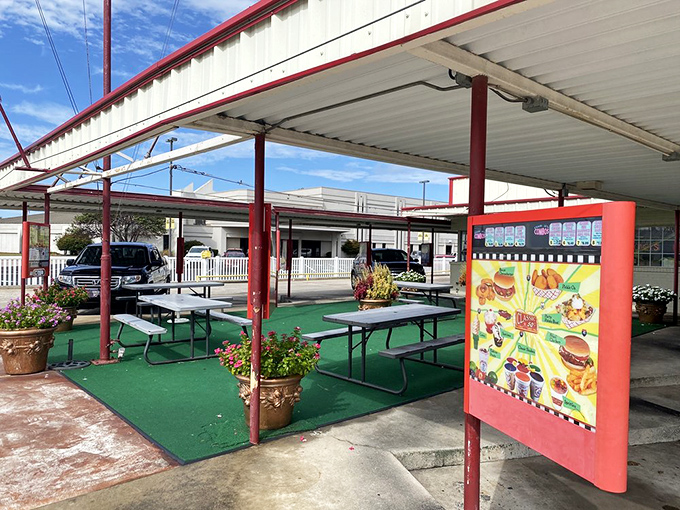 These picnic tables aren't just seating&mdash;they're front-row tickets to an American culinary tradition. Outdoor dining with a side of nostalgia.