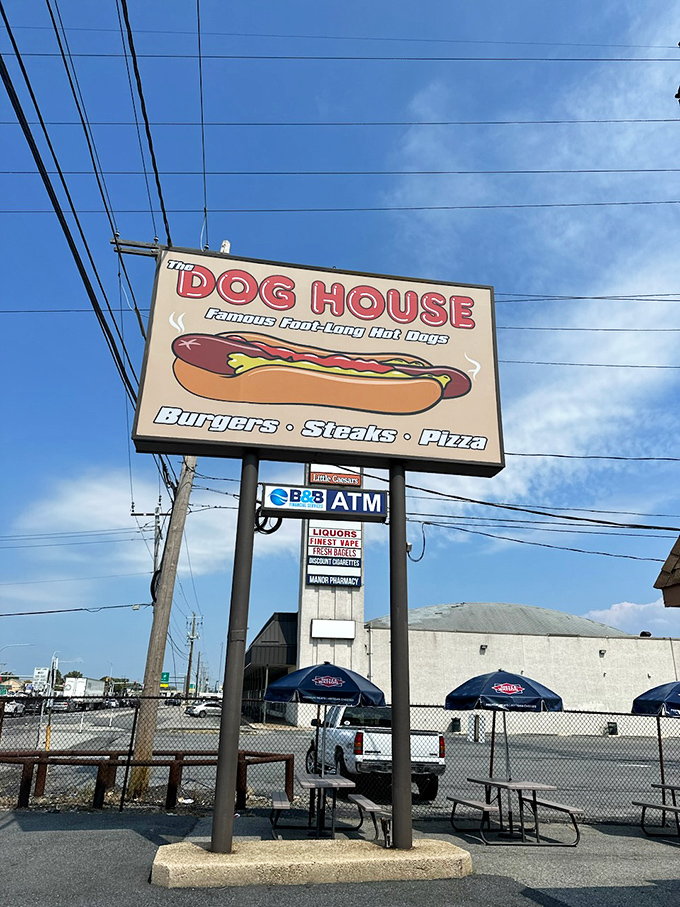 The sign promises "Famous Foot-Long Hot Dogs" and delivers a beacon of hope to hungry travelers on New Castle Avenue.