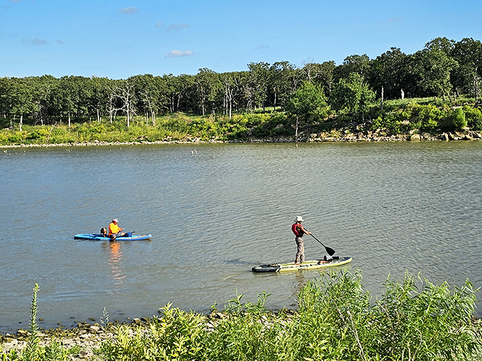 Social distancing, lake edition. Paddleboarding offers the perfect combination of exercise, exploration, and keeping a respectful six feet from fishing lines.
