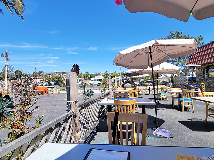 The patio offers California sunshine with your meal&mdash;nature's perfect garnish for an already spectacular dining experience under blue skies.