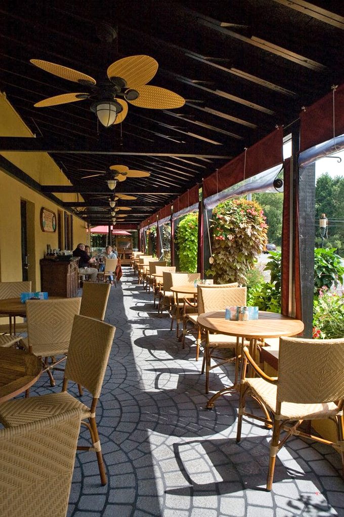 A fireplace room that begs for rainy days and long conversations. Rustic charm meets cozy comfort in this hidden dining nook. 