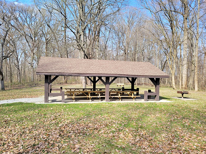 This picnic shelter patiently awaits your family gathering. The perfect stage for the time-honored tradition of arguing over who made the best potato salad.