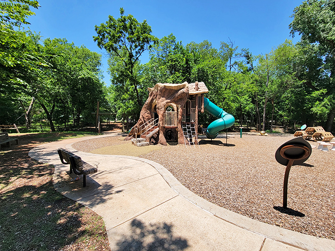 Even in nature's playground, sometimes kids need slides and climbing structures. This whimsical play area blends childhood joy with woodland wonder.