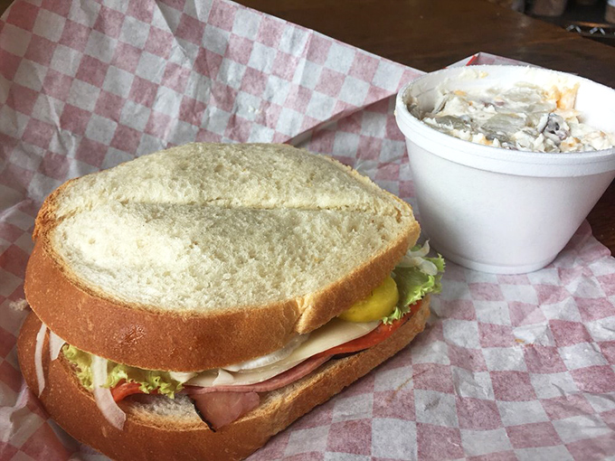 A sandwich so honest it deserves its own testimonial, accompanied by potato salad that clearly wasn't hurried along by someone checking their phone.