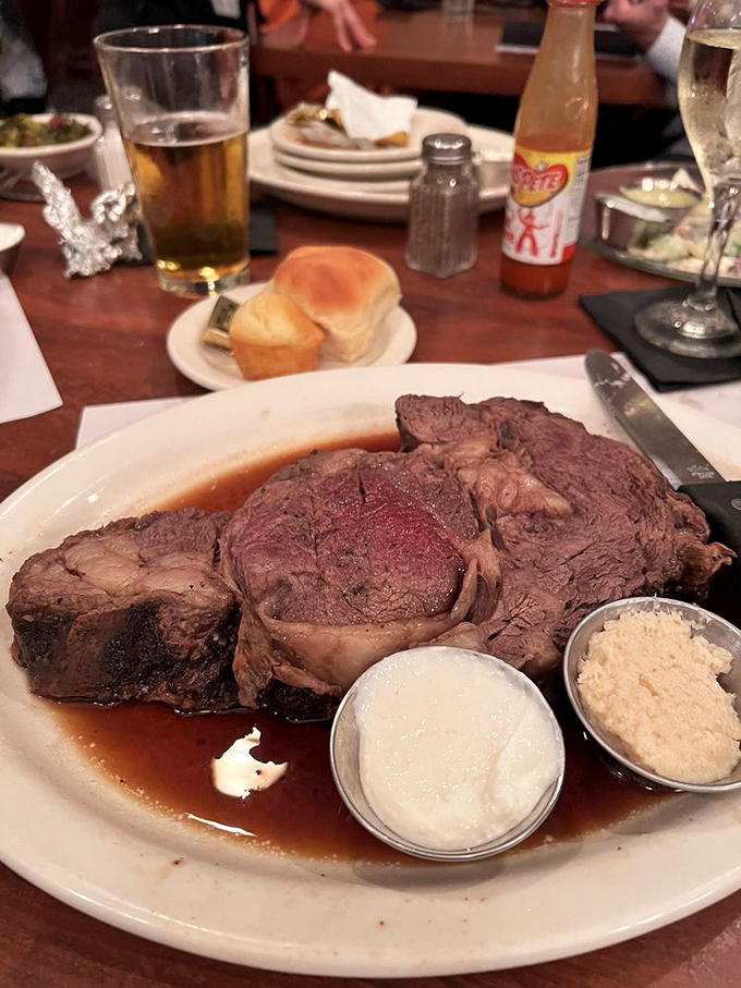 Prime rib so perfectly cooked it makes vegetarians question their life choices. Those side dishes deserve their own fan club.