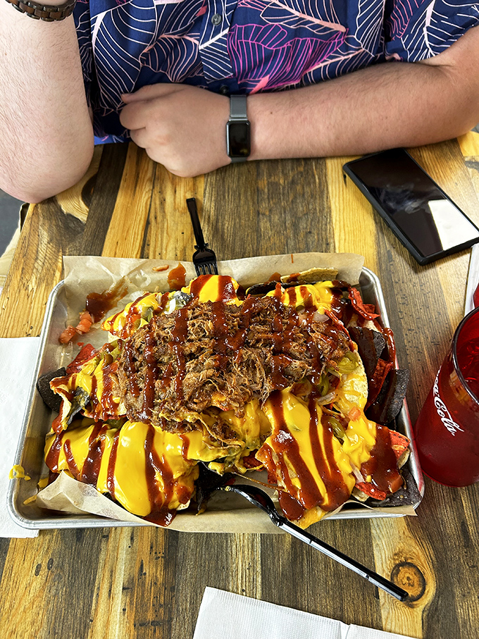 These loaded nachos don't just cross the border of excess &ndash; they've established permanent residence there. Worth every calorie. 