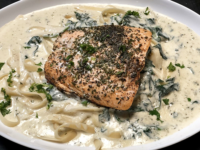 The salmon and spinach alfredo is what happens when comfort food and health food call a delicious truce on your dinner plate.