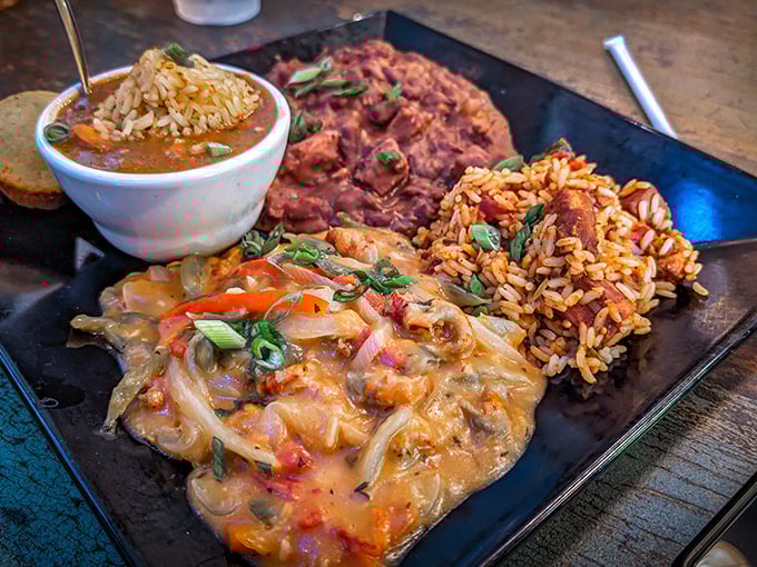 A well-composed plate that reads like a delicious love letter to New Orleans&mdash;&eacute;touff&eacute;e, red beans, and something worth every calorie.