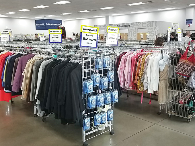 The clothing section is meticulously organized by type and size. Finding that perfect blazer becomes a treasure hunt with clear signage guiding your quest.