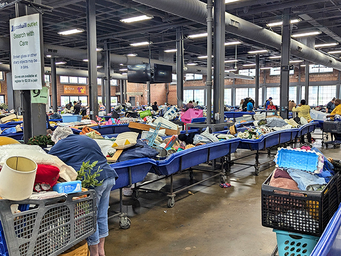 The warehouse expanse stretches on like an ocean of possibilities &ndash; each shopper navigating their own treasure map through the blue bin archipelago.