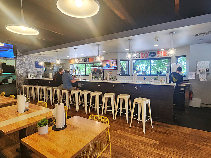 Where the magic happens&mdash;the counter where spice dreams come true. White stools await those who prefer front-row seats to the action.
