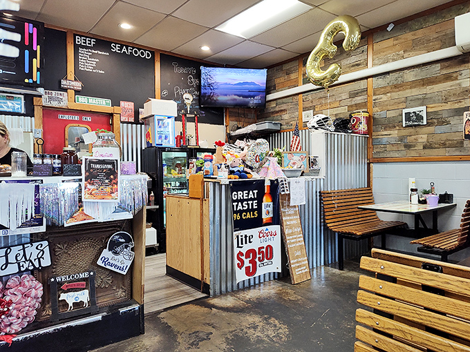 The interior's rustic charm&mdash;corrugated metal, wood accents, and beer specials&mdash;creates the perfect backdrop for serious barbecue business.