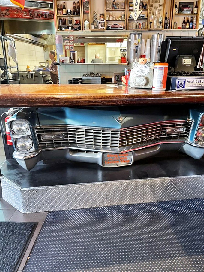 Where barbecue magic happens &ndash; the counter showcases vintage car styling that's almost as impressive as what's coming out of the kitchen.