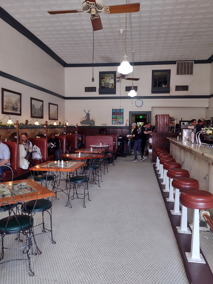 The dining room's high ceilings and vintage fixtures make you half-expect to see teenagers from 1955 planning their weekend at the sock hop.