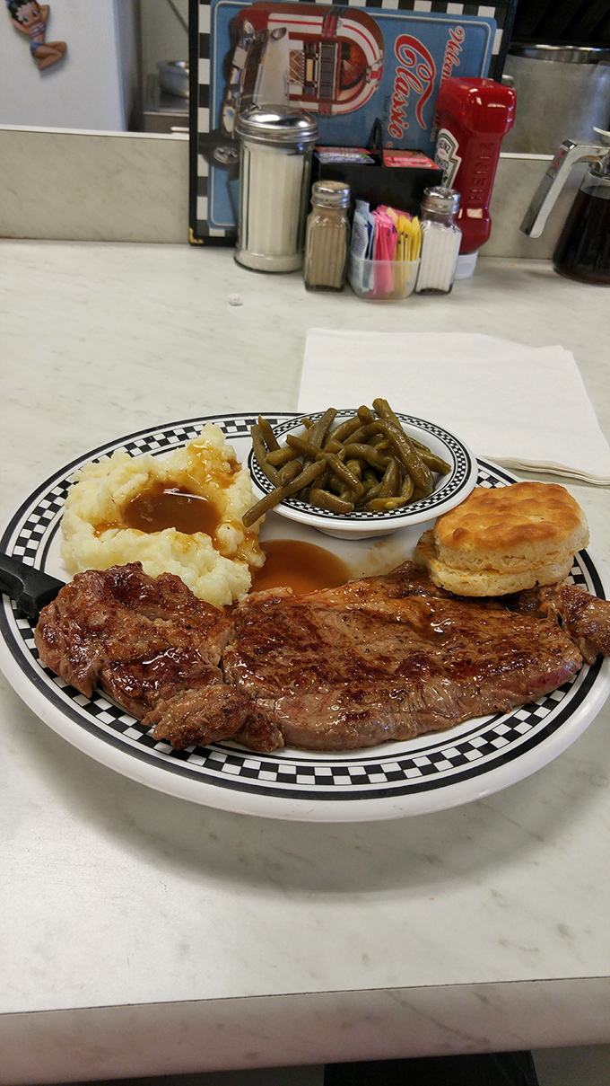 A proper diner steak doesn't need to be fancy&mdash;just honest. Those green beans aren't just a side; they're absolution for what you're about to enjoy.