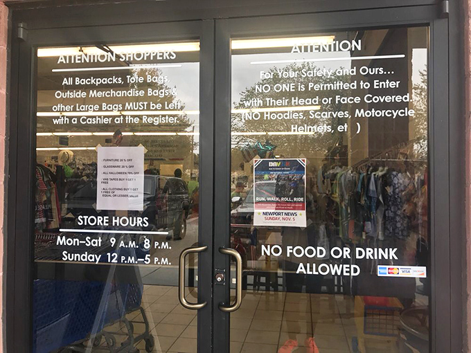 The front door lays out the ground rules of this treasure-hunting expedition: no face coverings, no food, and absolutely no missing out on bargains.