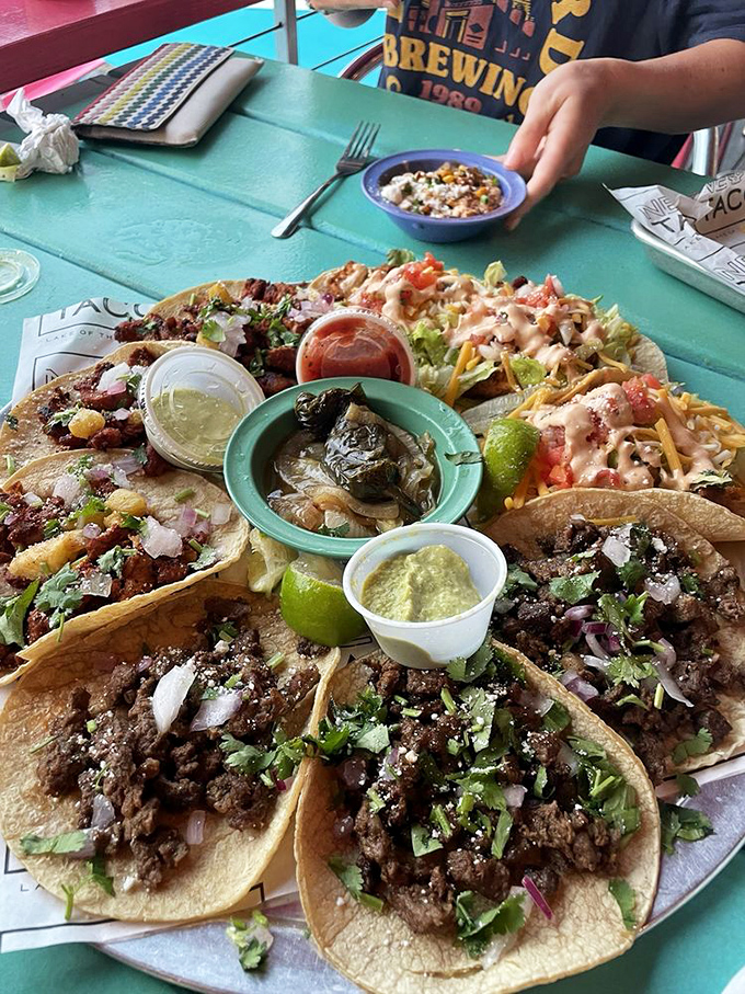 Taco perfection in its natural habitat &ndash; a colorful spread that makes decision-making the hardest part of your meal.