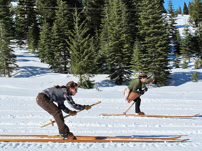 Traditional longboard skiing: when going downhill fast on wooden planks was considered innovation rather than a metaphor for bad decisions.