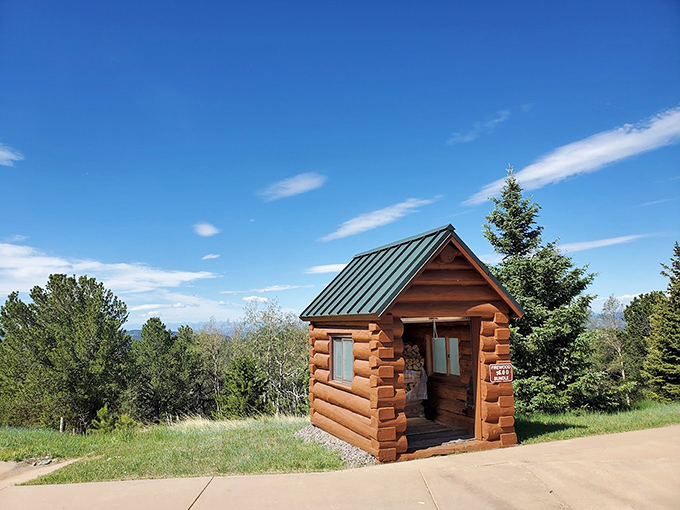 This tiny log cabin shelter proves good things come in small packages, offering momentary refuge while whispering, "The mountains are calling."