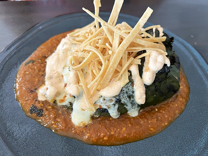 This chile relleno isn't just stuffed&mdash;it's having an identity crisis between vegetable and indulgence, and we're here for the drama.
