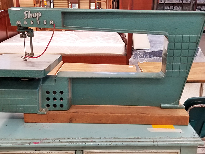 This mint-green ShopMaster sewing machine stands as a beautiful relic from when "handmade" wasn't yet a premium marketing term.