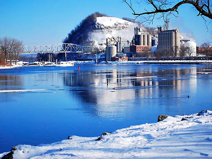 Winter transforms Red Wing into a snow globe scene where even industrial buildings look like they belong on a holiday card.
