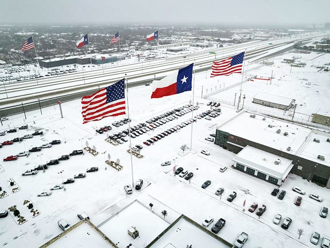 Snow in Texas is rare enough to warrant flying multiple flags at attention—Mother Nature's occasional reminder that she calls the shots.