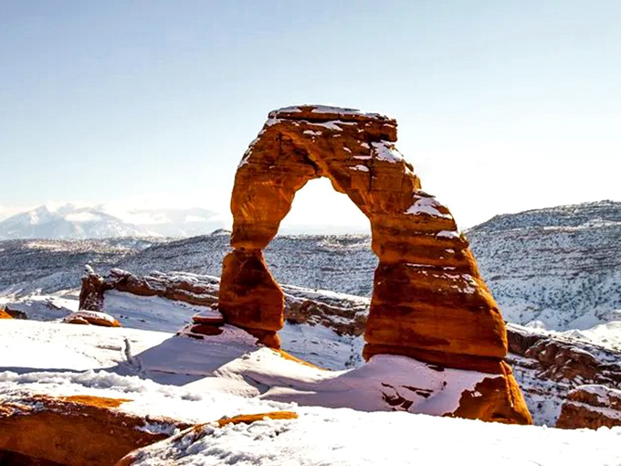 Delicate Arch in winter—proving that desert icons look fabulous in white. Snow in the desert is nature's perfect contradiction.
