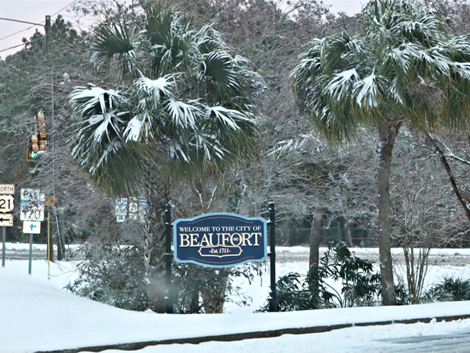 Snow in Beaufort arrives about as often as a penguin in the Sahara, transforming the familiar into something magically unexpected.