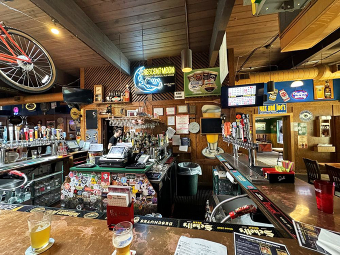 The bar area feels like Cheers meets craft beer heaven, with tap handles standing at attention and decades of memorabilia telling silent stories.