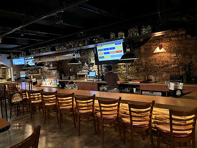 The bar beckons with the promise of craft brews and friendly conversation. Those stone walls have heard every toast imaginable.