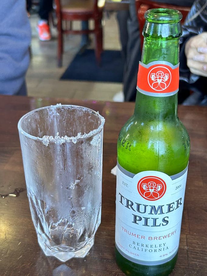 Sometimes the perfect companion to seafood isn't wine but a cold, crisp Trumer Pils from Berkeley&mdash;the salt-rimmed glass standing ready for that first refreshing sip.