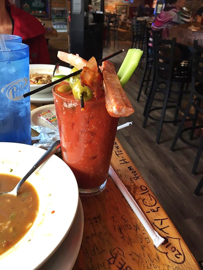 A Bloody Mary that's practically a meal &ndash; garnished with bacon, pickles, and celery, it's breakfast, lunch, and happy hour all in one glass.