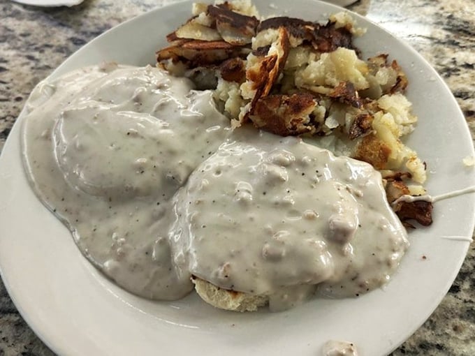 Biscuits and gravy: The breakfast equivalent of a weighted blanket. Pure comfort that wraps around you and refuses to let go.