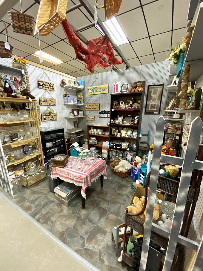 This meticulously arranged kitchen-themed booth proves that one person's outdated decor is another's "vintage farmhouse chic."