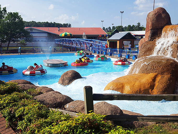 Bumper boats: where you'll get soaked and love every minute. The waterfall provides ambient noise to mask the gleeful screams of revenge.