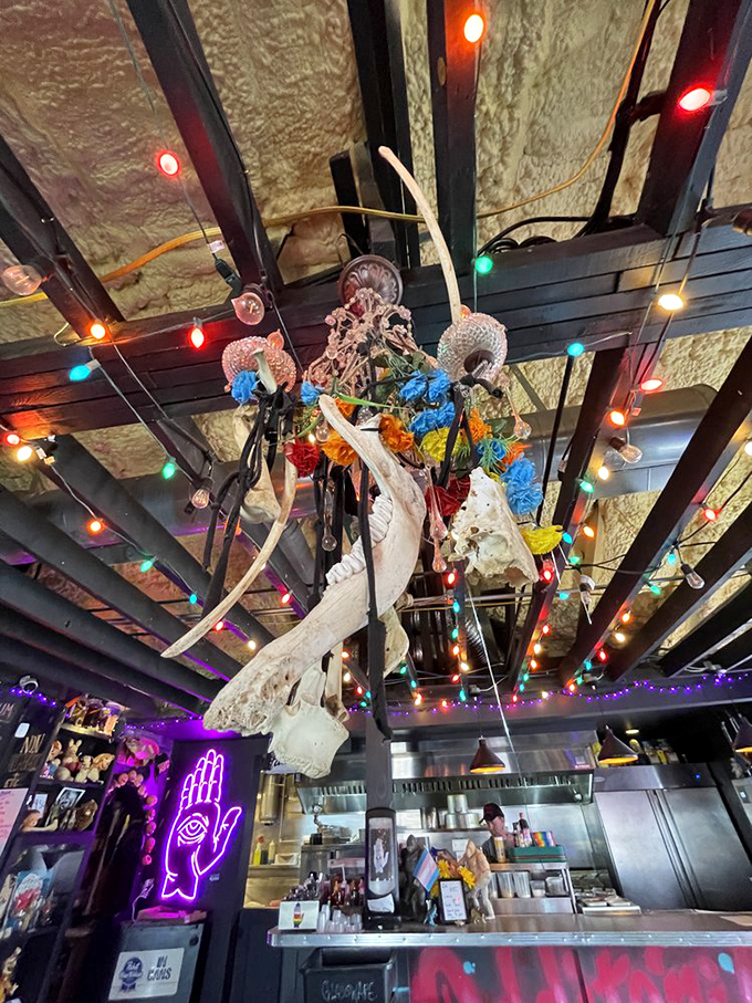 Look up and wonder: is that a chandelier made of bones, or modern art that accidentally became functional? Both, probably.