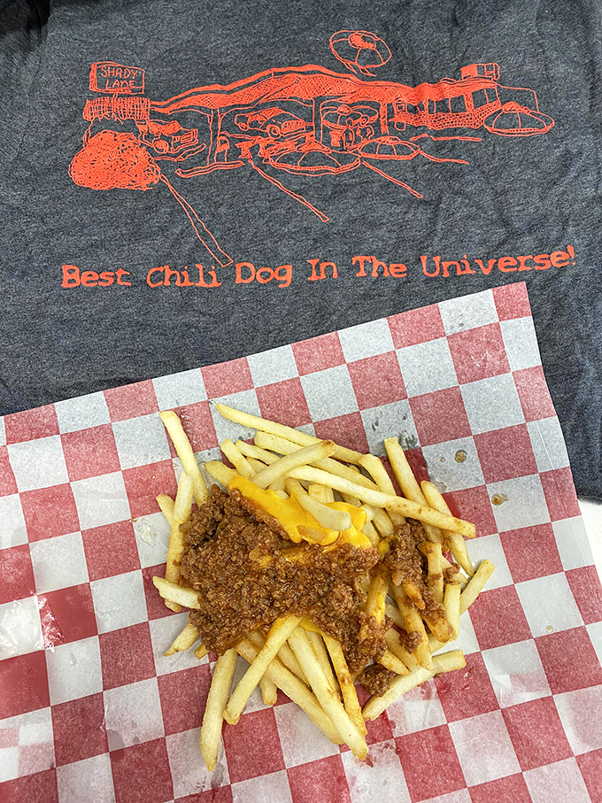 Chili cheese fries served on the classic red checkered paper &ndash; proof that sometimes the universe just gets things right.