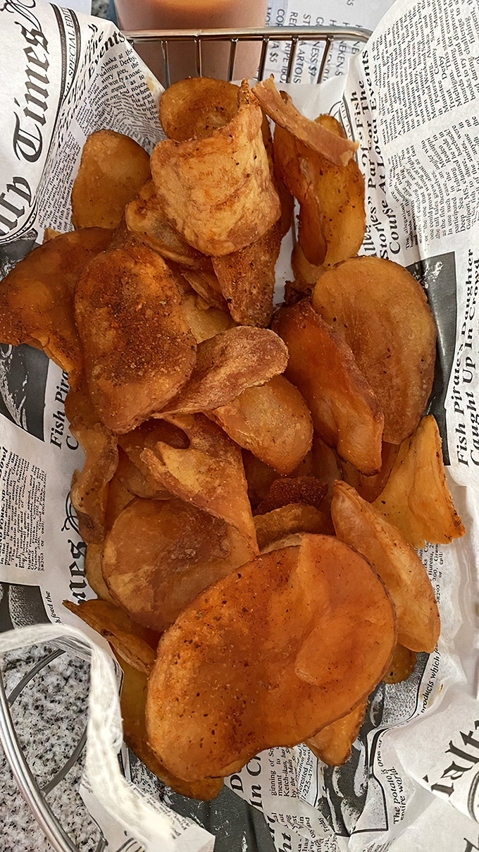 House-made potato chips&mdash;the unsung heroes of the seafood feast. Impossibly thin, perfectly seasoned, and dangerously addictive.