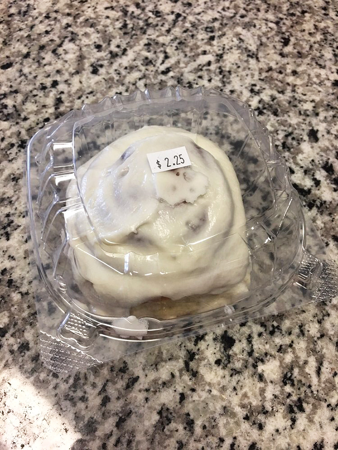 This cinnamon roll in its clear container is basically dessert in witness protection. Too delicious to remain anonymous for long.