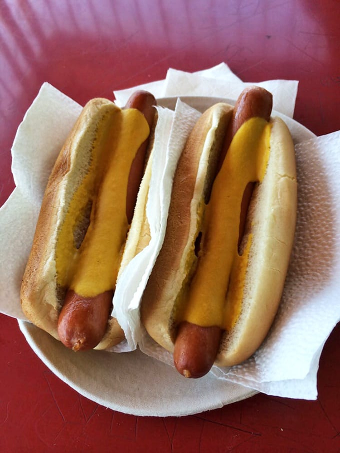 Two classic dogs with cheese&mdash;minimalist perfection on a paper plate. Sometimes the simplest things really are the most satisfying.