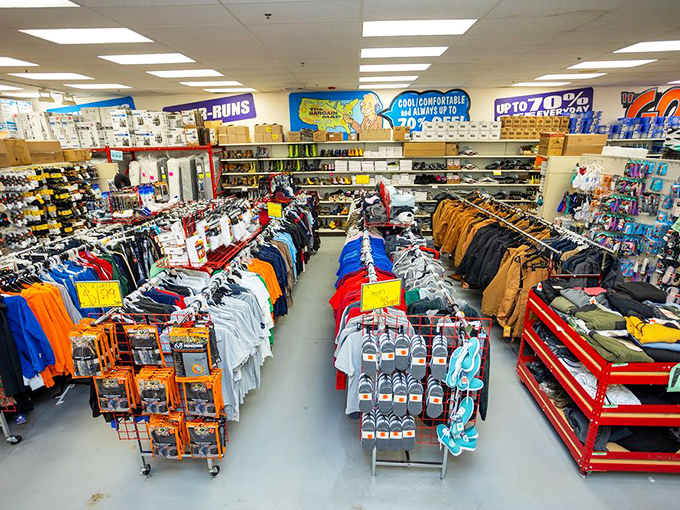 The clothing section: where fashion meets function and frugality. T-shirts, jackets, and shoes organized with all the charm of your eccentric aunt's closet.