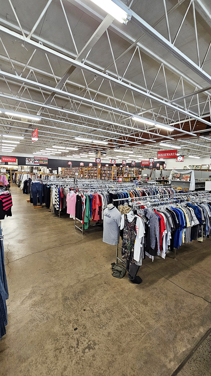 Clothing racks stretch toward the horizon like textile plains. Under these fluorescent lights, fashion democracy reigns supreme. 