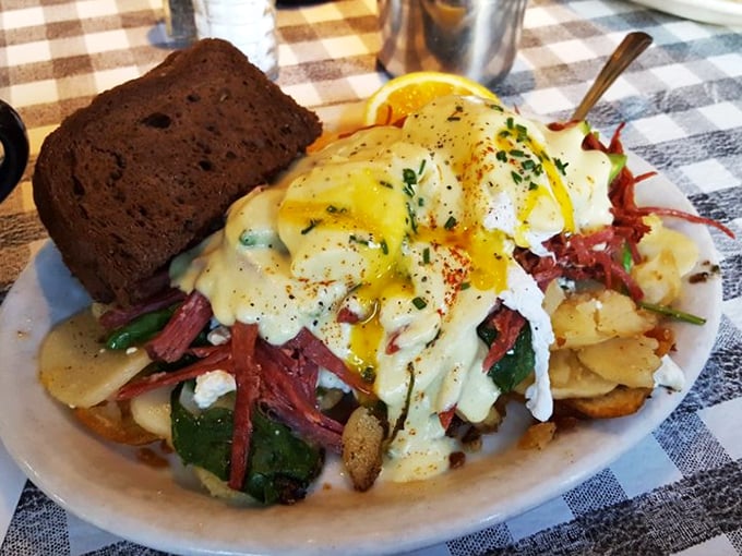 This isn't just breakfast&mdash;it's edible architecture. Layers of corned beef hash, eggs, and hollandaise create the Taj Mahal of morning meals.